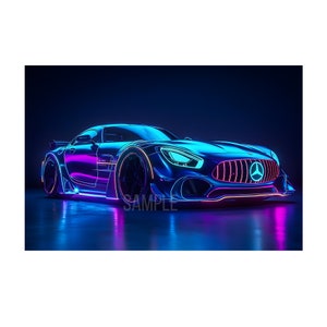 Beautiful Mercedes Amg Gt Supercar on Neon Light Blue Color on Canvas ...