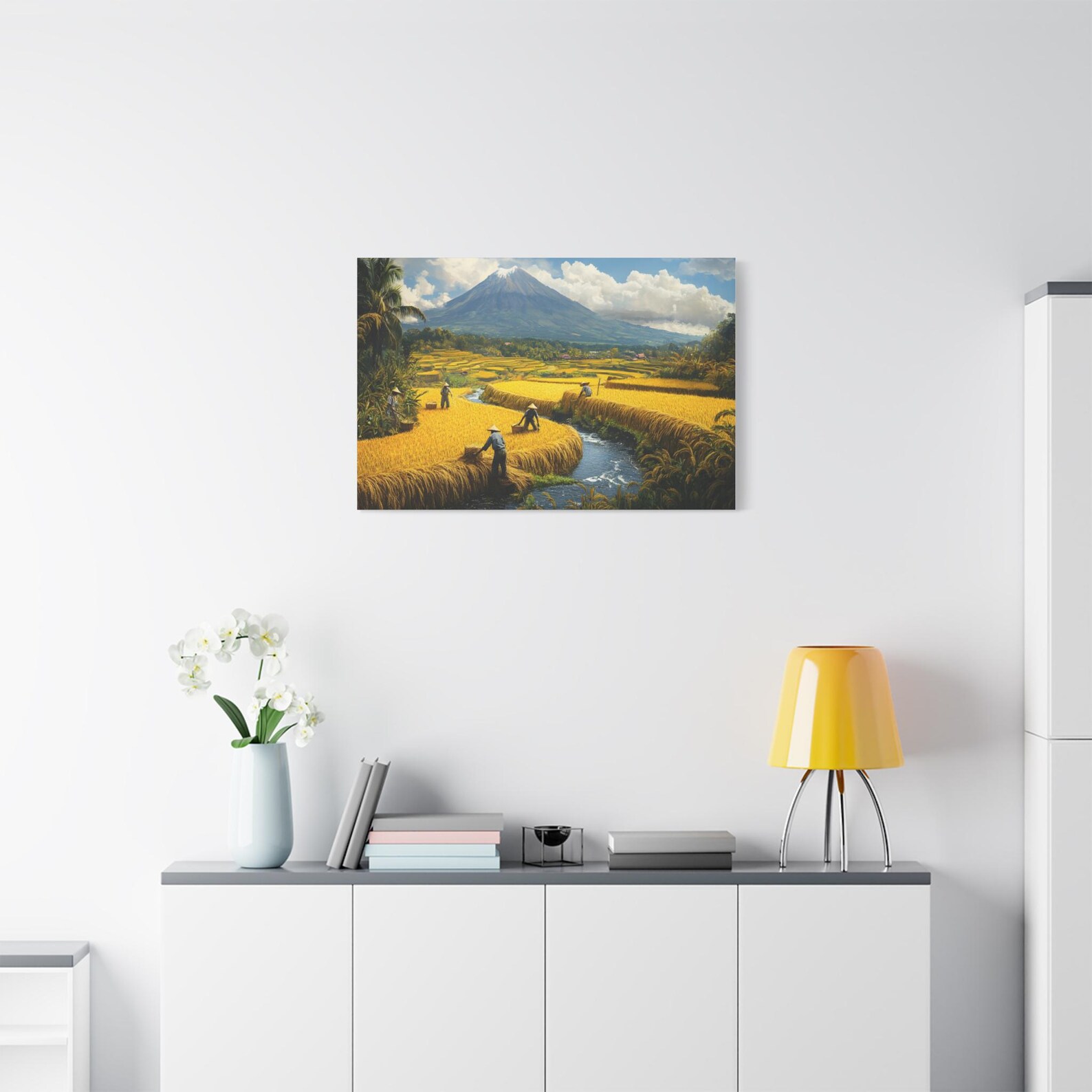 Canvas Wall Art Print, Farmers Harvesting on Yellow Rice Fields Oil ...