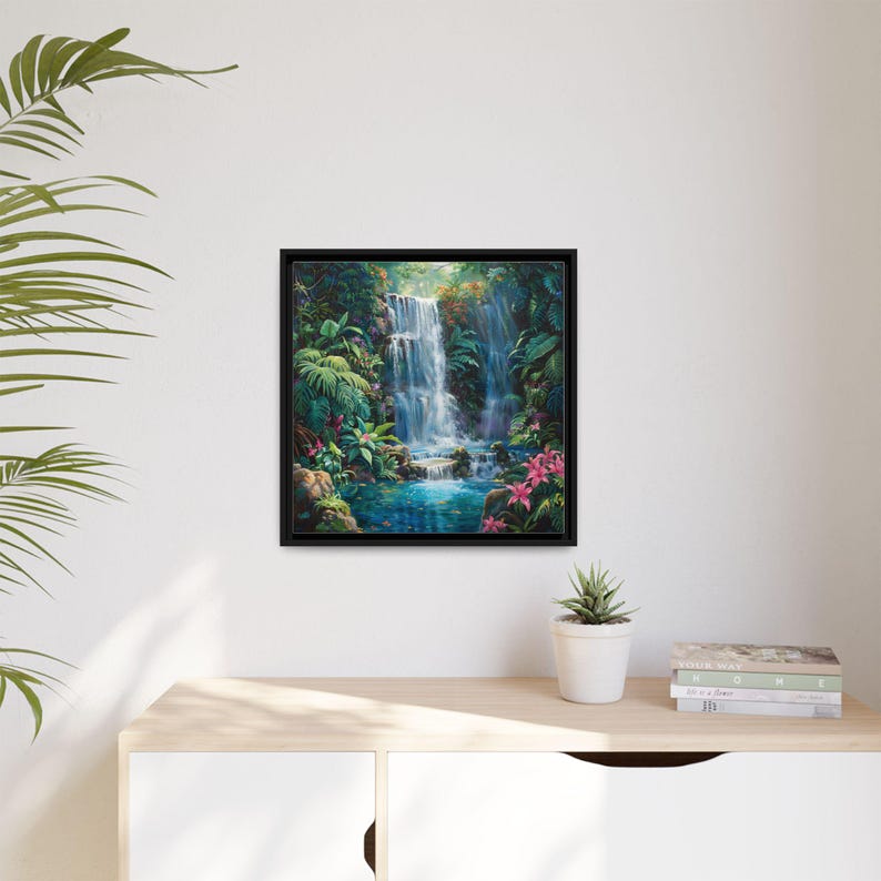 Beautiful Tropical Blue Waterfall Surrounded Flowers Oil Painting on ...