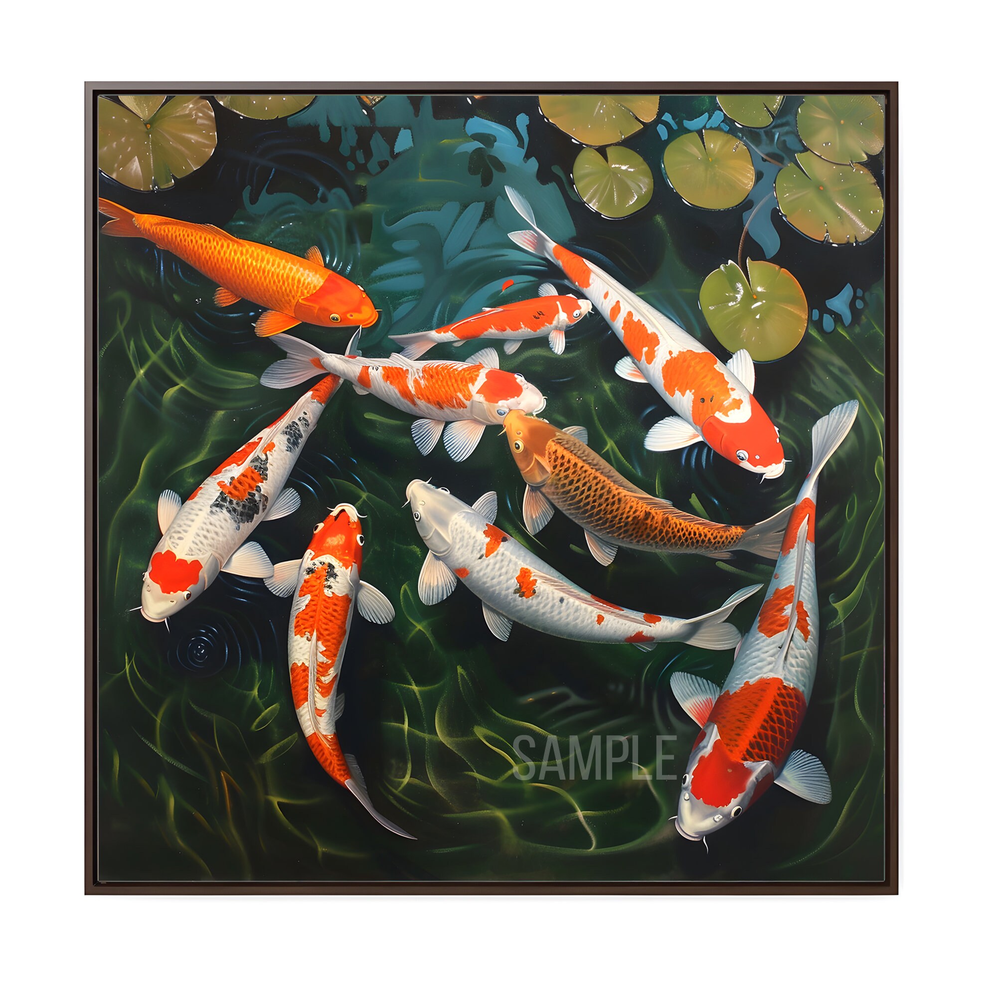 9 Beautiful Koi Fish Gathered in a Clear Pond on Oil Painting on Canvas ...