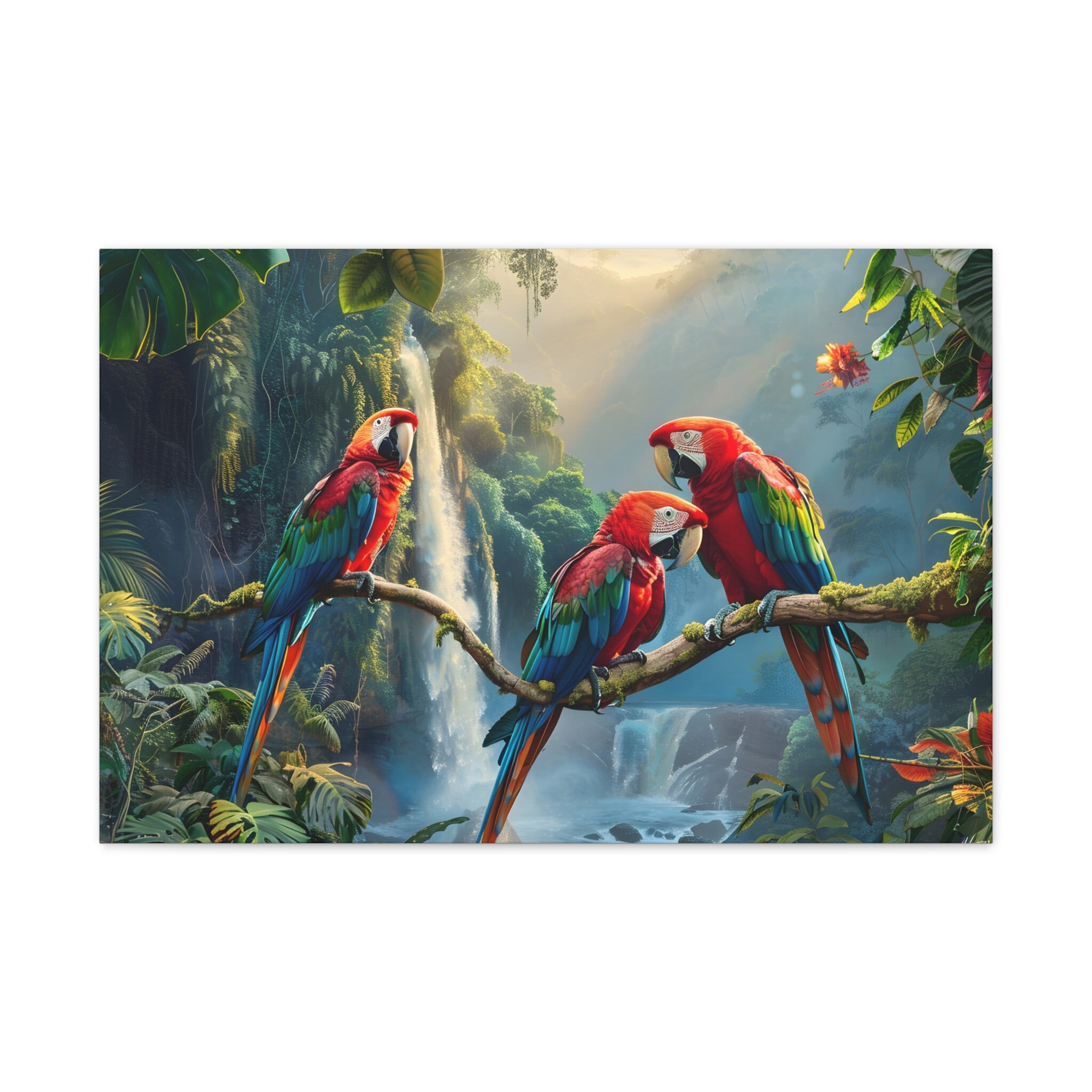 Parrots on the Tree Branch on Waterfall Zone at Morning of Oil Painting ...