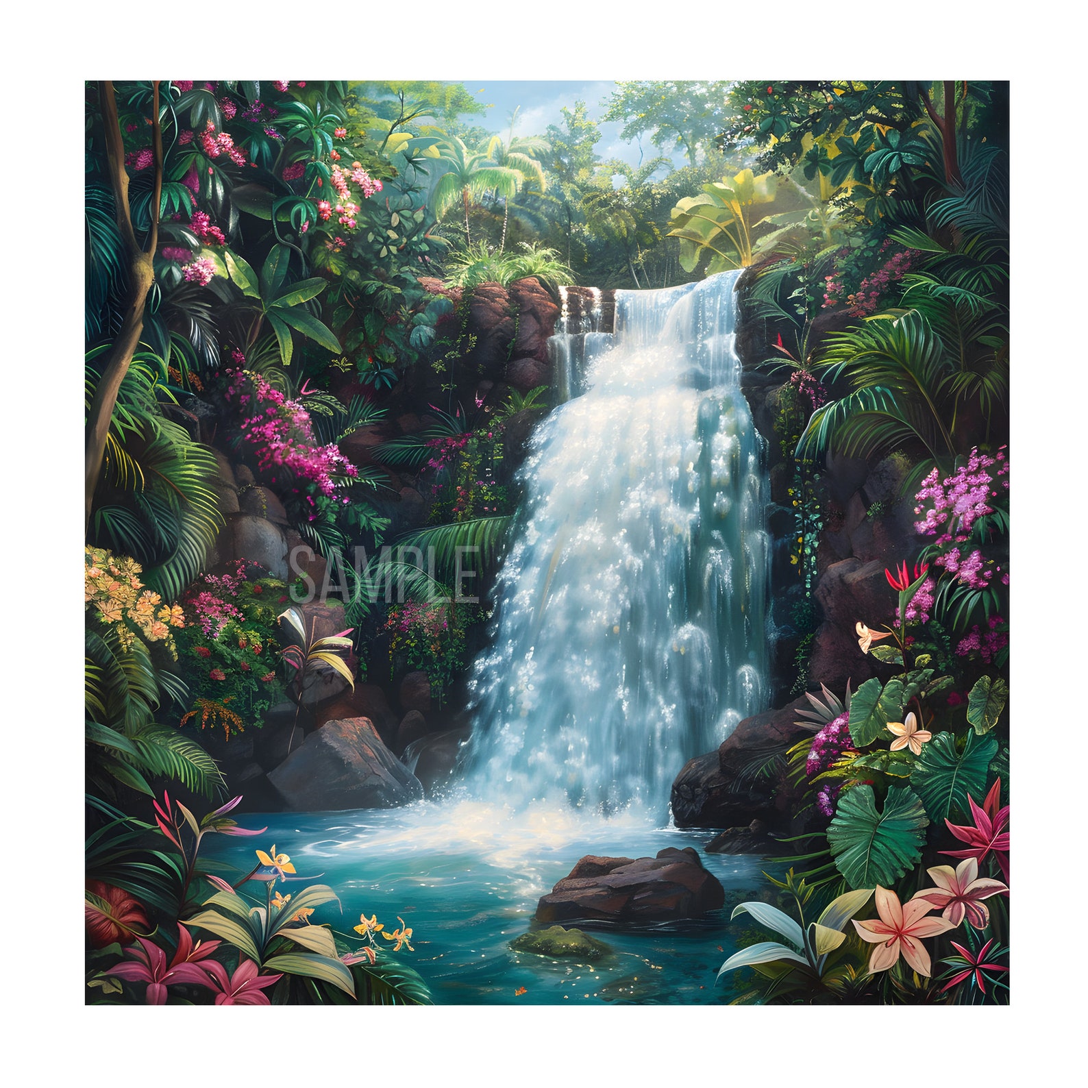 Beautiful Tropical Blue Waterfall With Flowers Oil Painting on Digital ...
