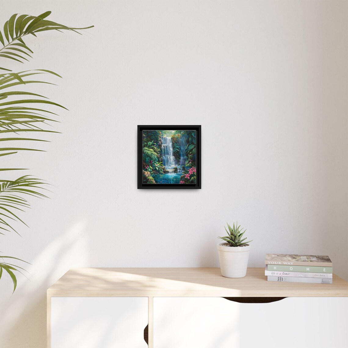 Beautiful Tropical Blue Waterfall Surrounded Flowers Oil Painting on ...