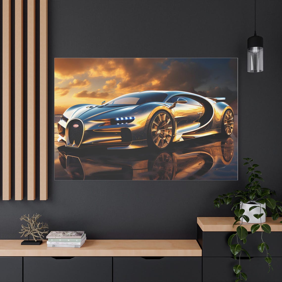 Gold Bugatti Chiron on the Road and Sunset on Classic Canvas. Cool ...