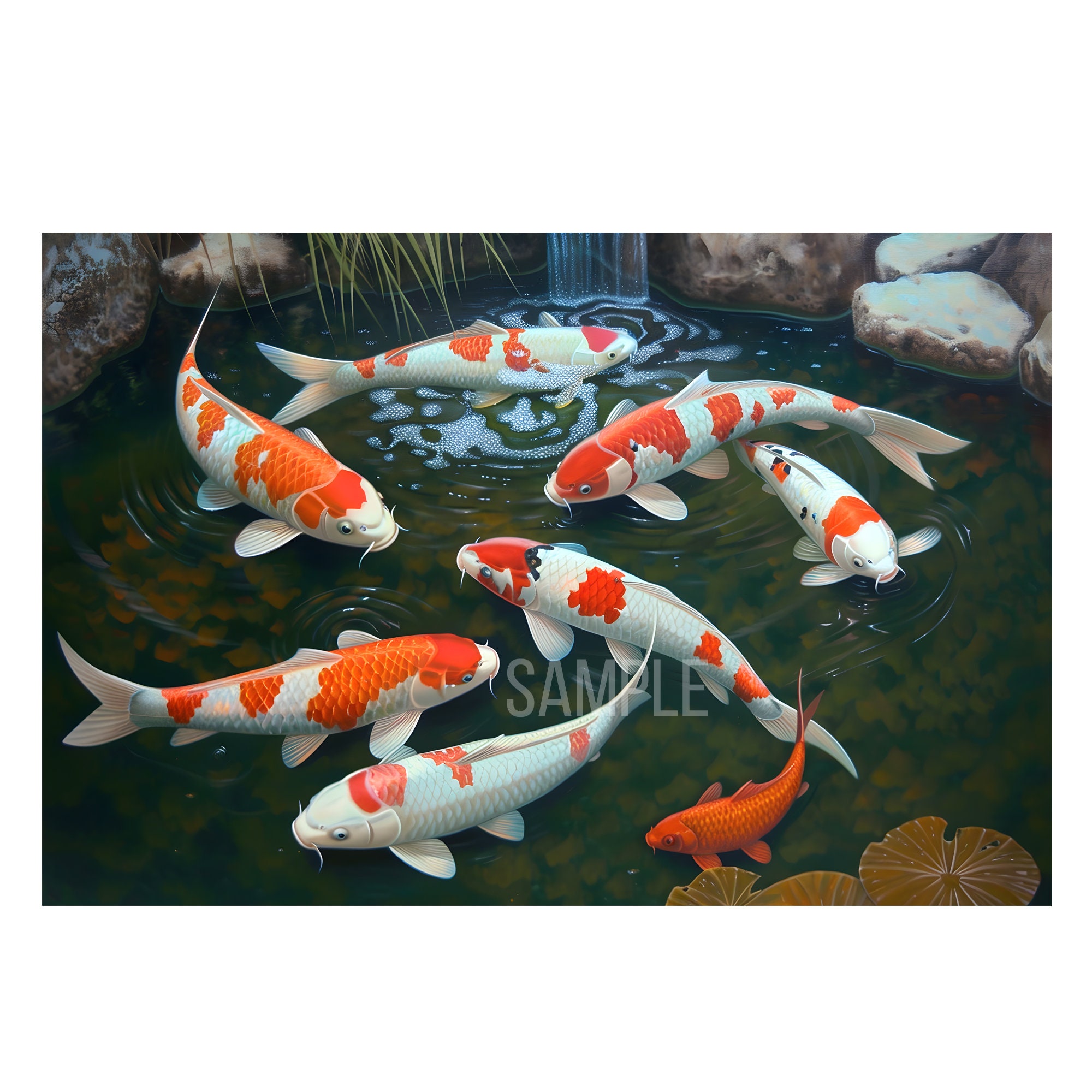9 Koi Fish Swimming in the Pond With Small Waterfall Oil Painting on ...