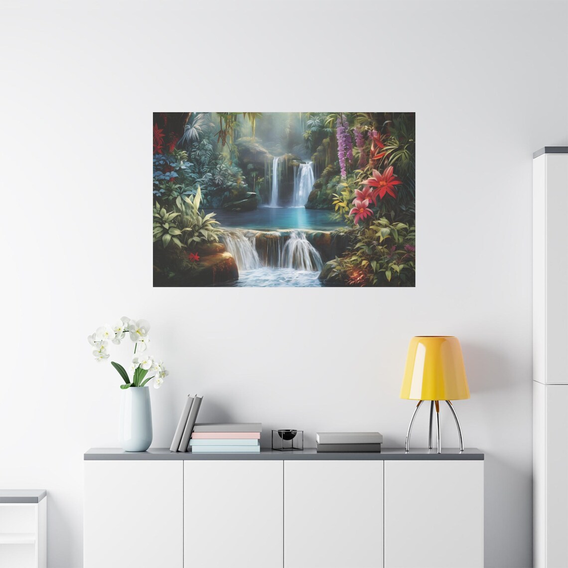 Beautiful Tropical Blue Waterfall With Flower on the Forest on Canvas ...