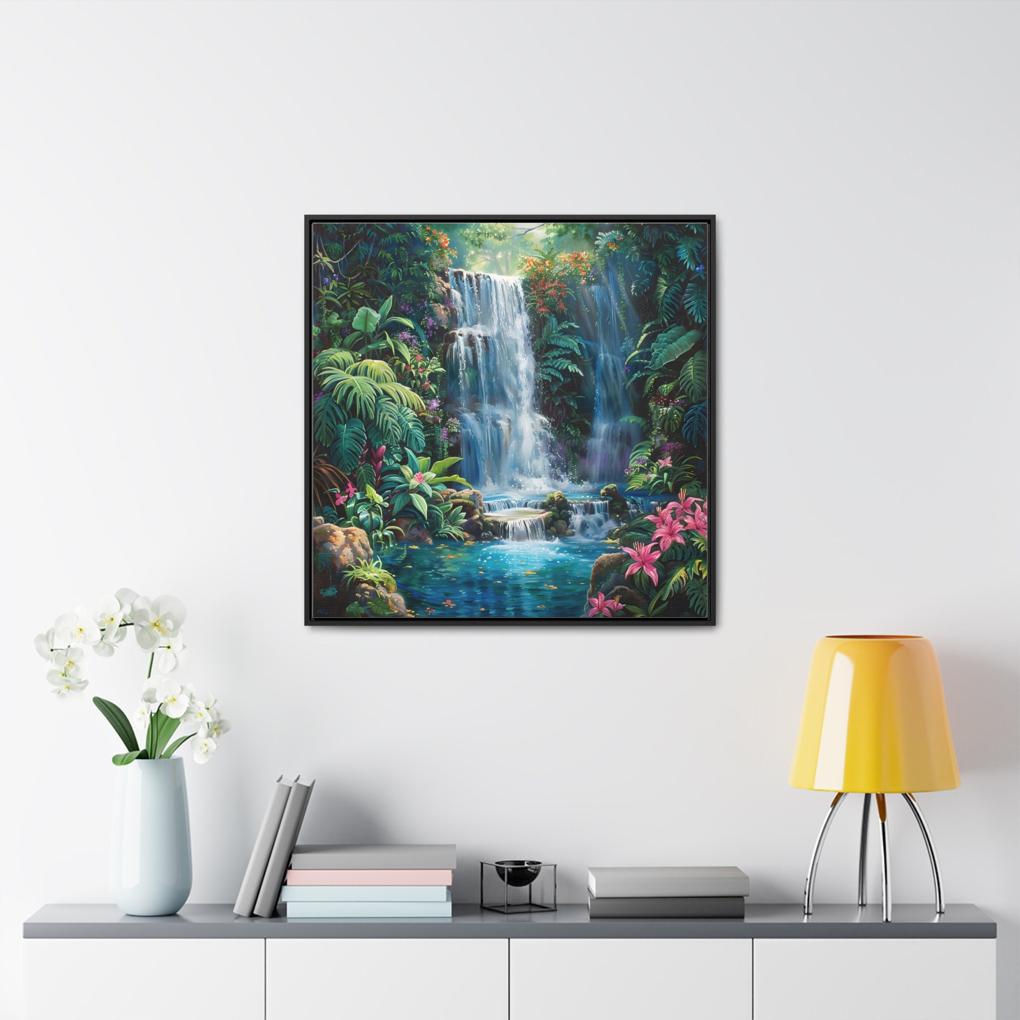 Beautiful Tropical Blue Waterfall Surrounded Flowers Oil Painting on ...
