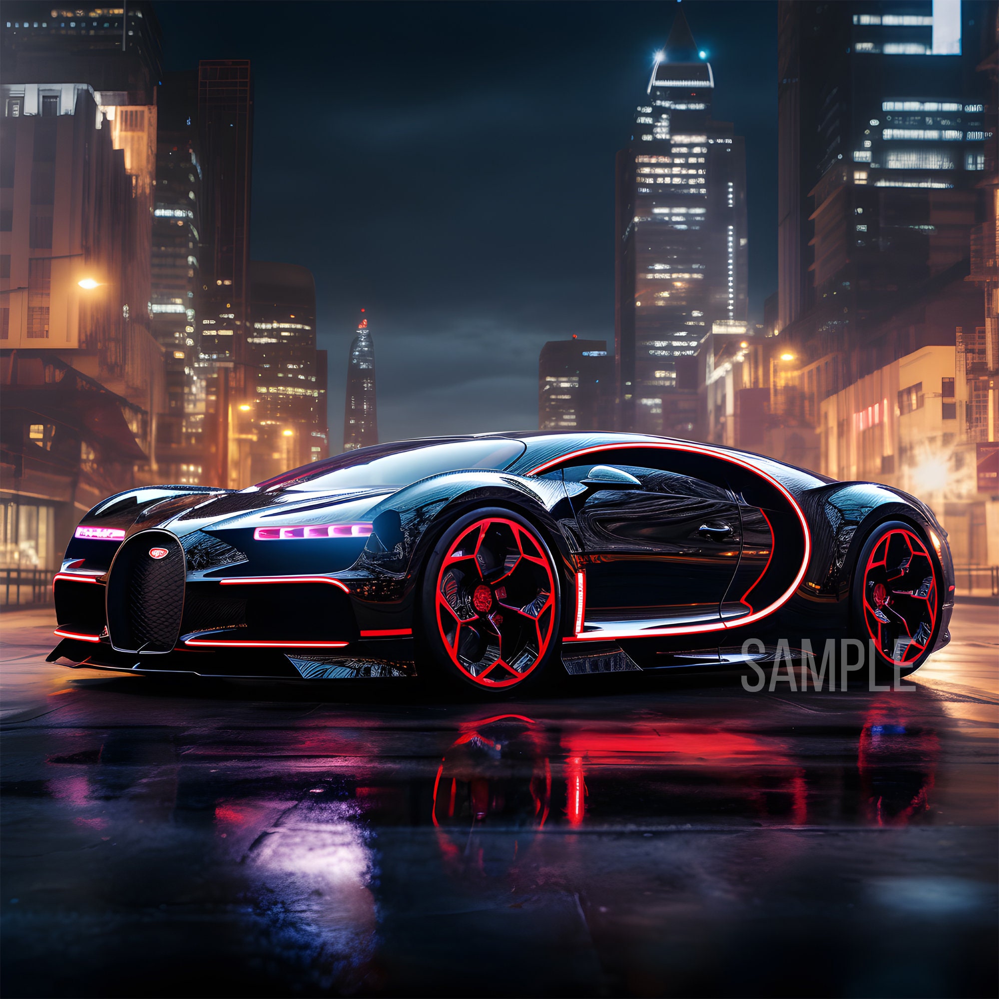 Bugatti Chiron Bugatti Chiron at the Night With Skyscrappers on Digital ...