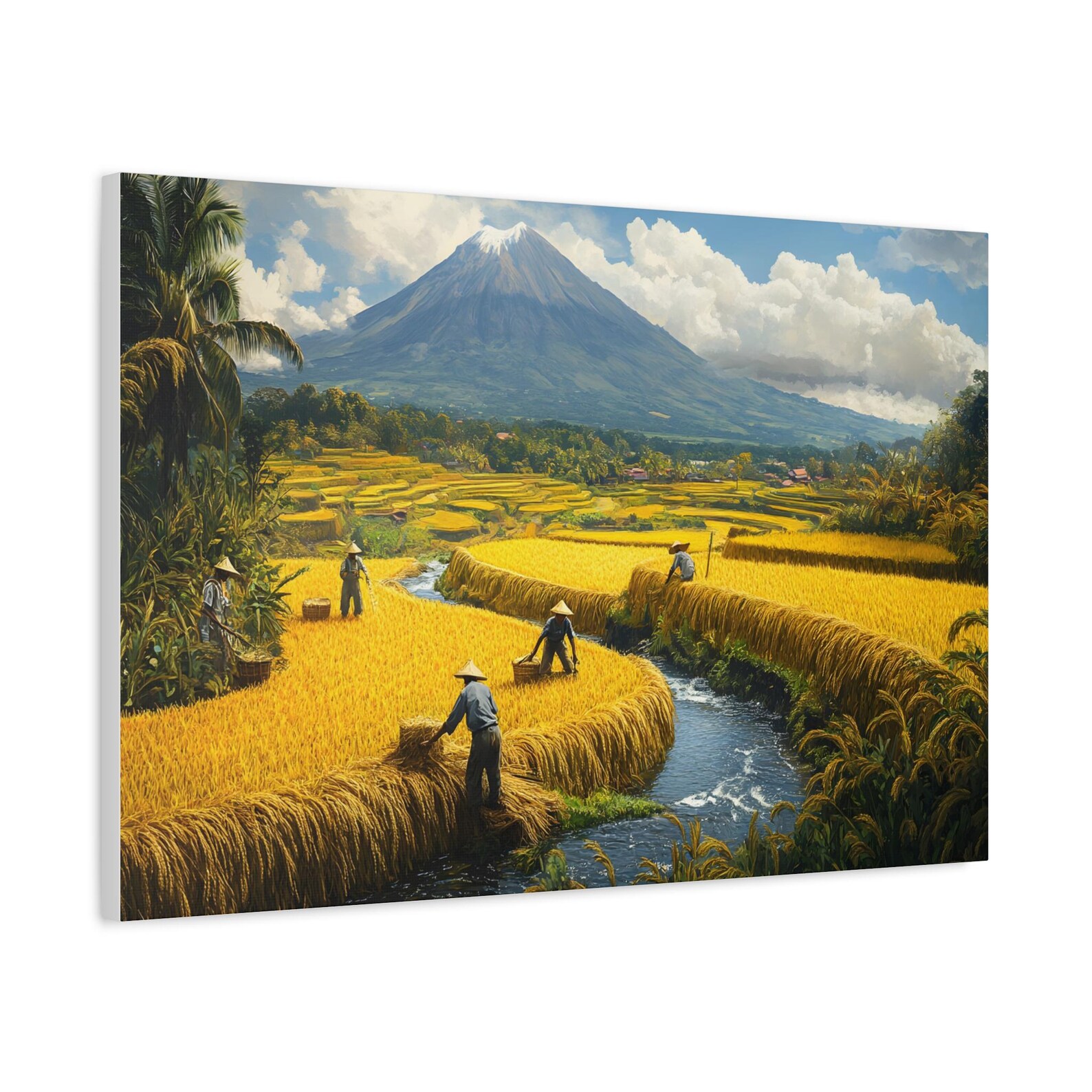 Canvas Wall Art Print, Farmers Harvesting on Yellow Rice Fields Oil ...