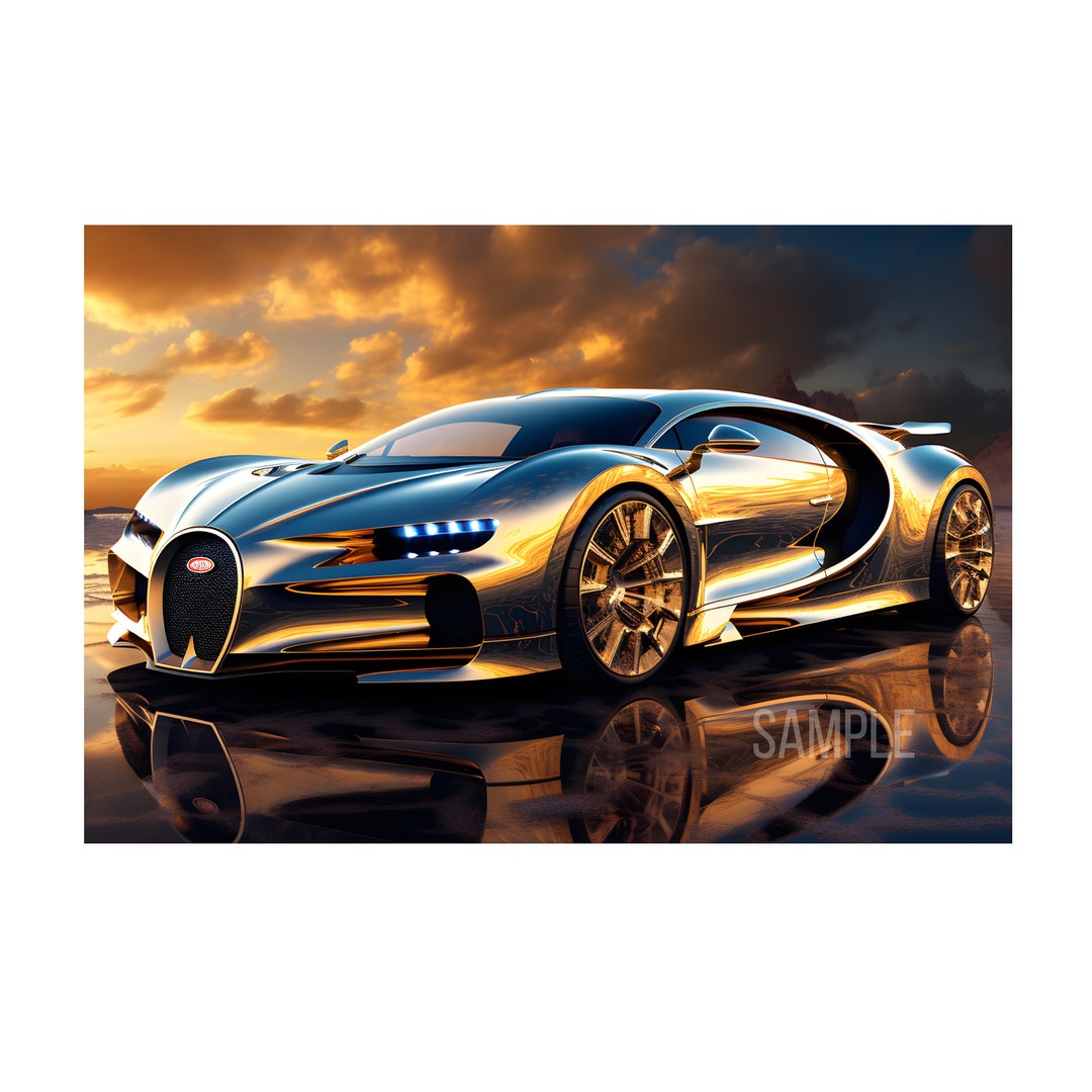 Gold Bugatti Chiron on the Road and Sunset on Classic Canvas. Cool ...