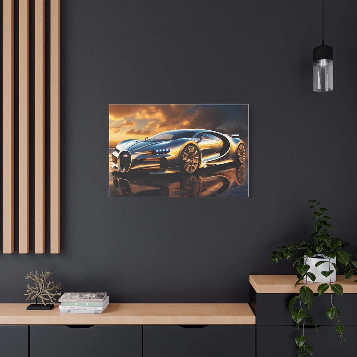 Gold Bugatti Chiron on the Road and Sunset on Classic Canvas. Cool ...