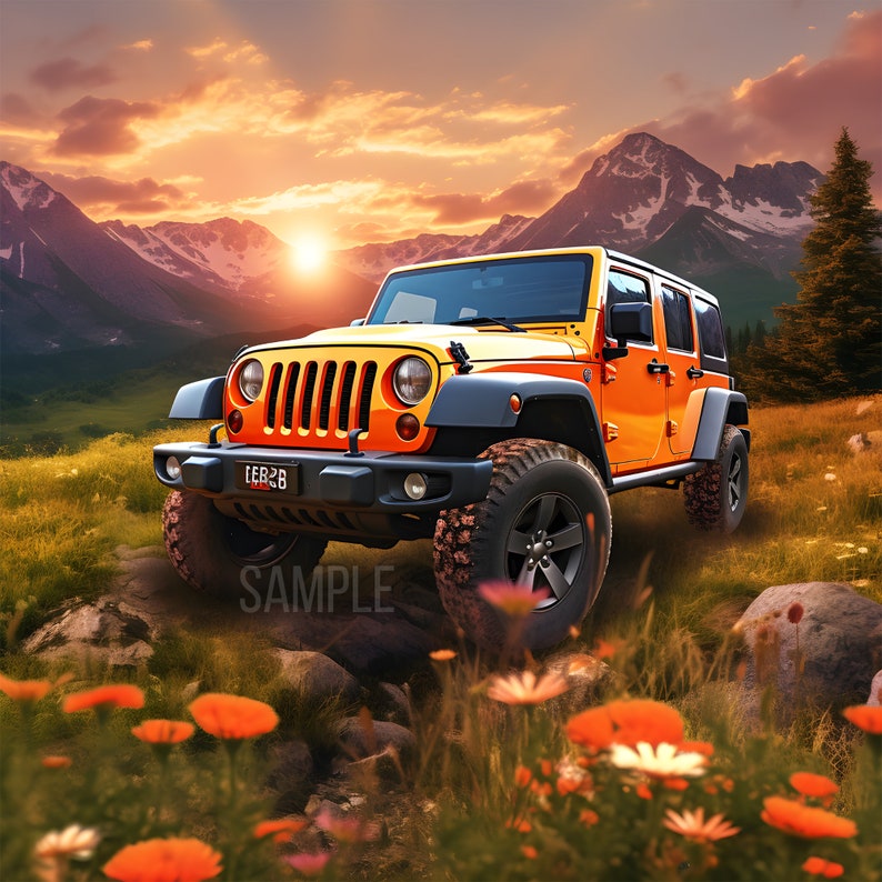 Jeep Wrangler on the Flower Field on the Mountain With Sunset on ...