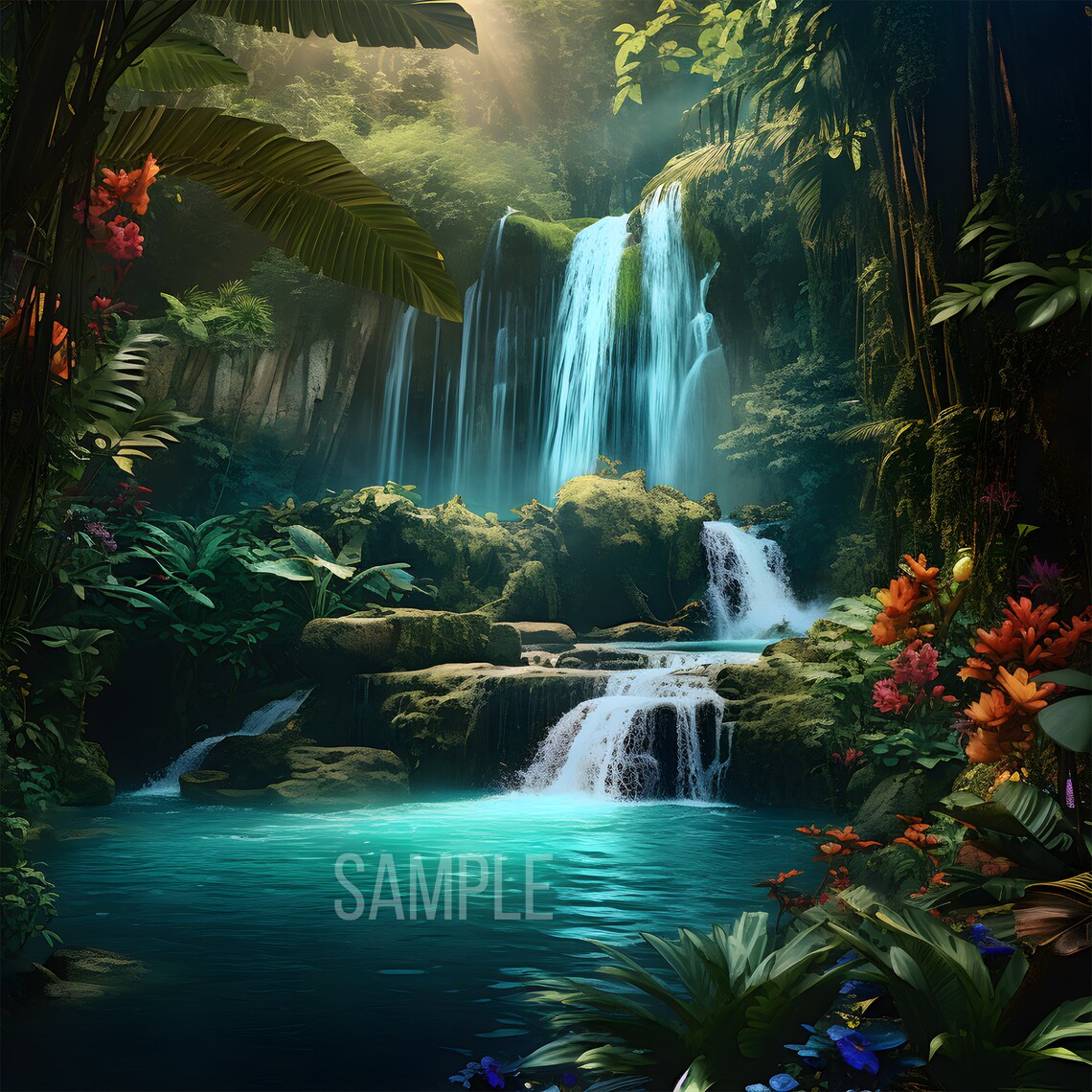 Beautiful Blue Waterfall With Flower on Tropical Forest on Instant ...