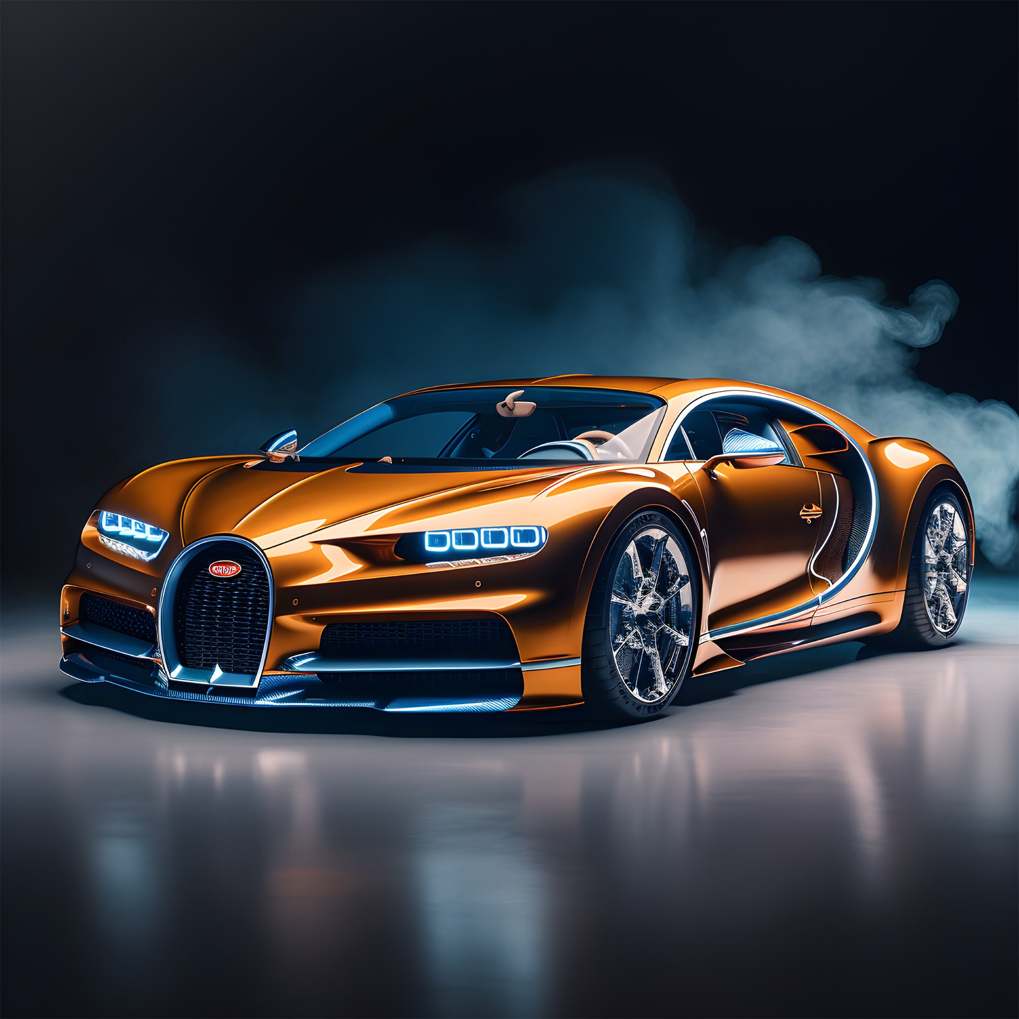 Orange Blue Bugatti Chiron With Smoke on Digital Download Wall Art ...