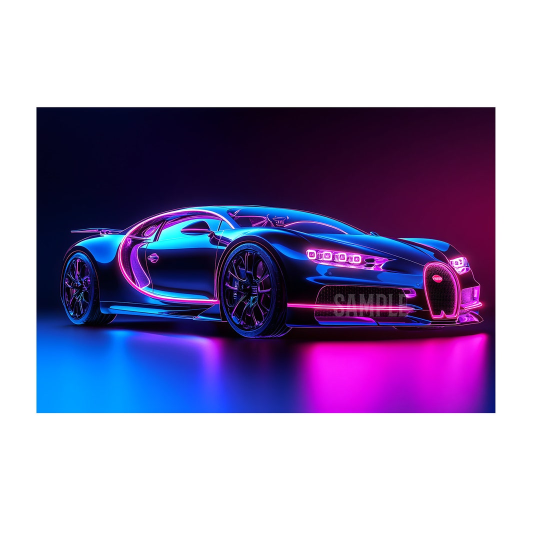 Amazing Blue Neon Bugatti Chiron Supercar on Canvas Wall Art Print ...