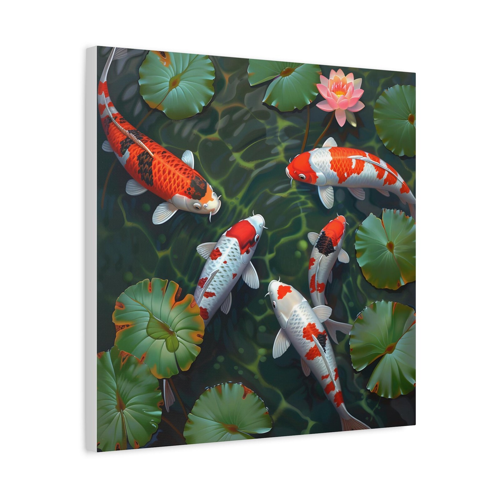 5 Koi Fish Swimming in the Pond With Lotus on Oil Painting on Canvas ...