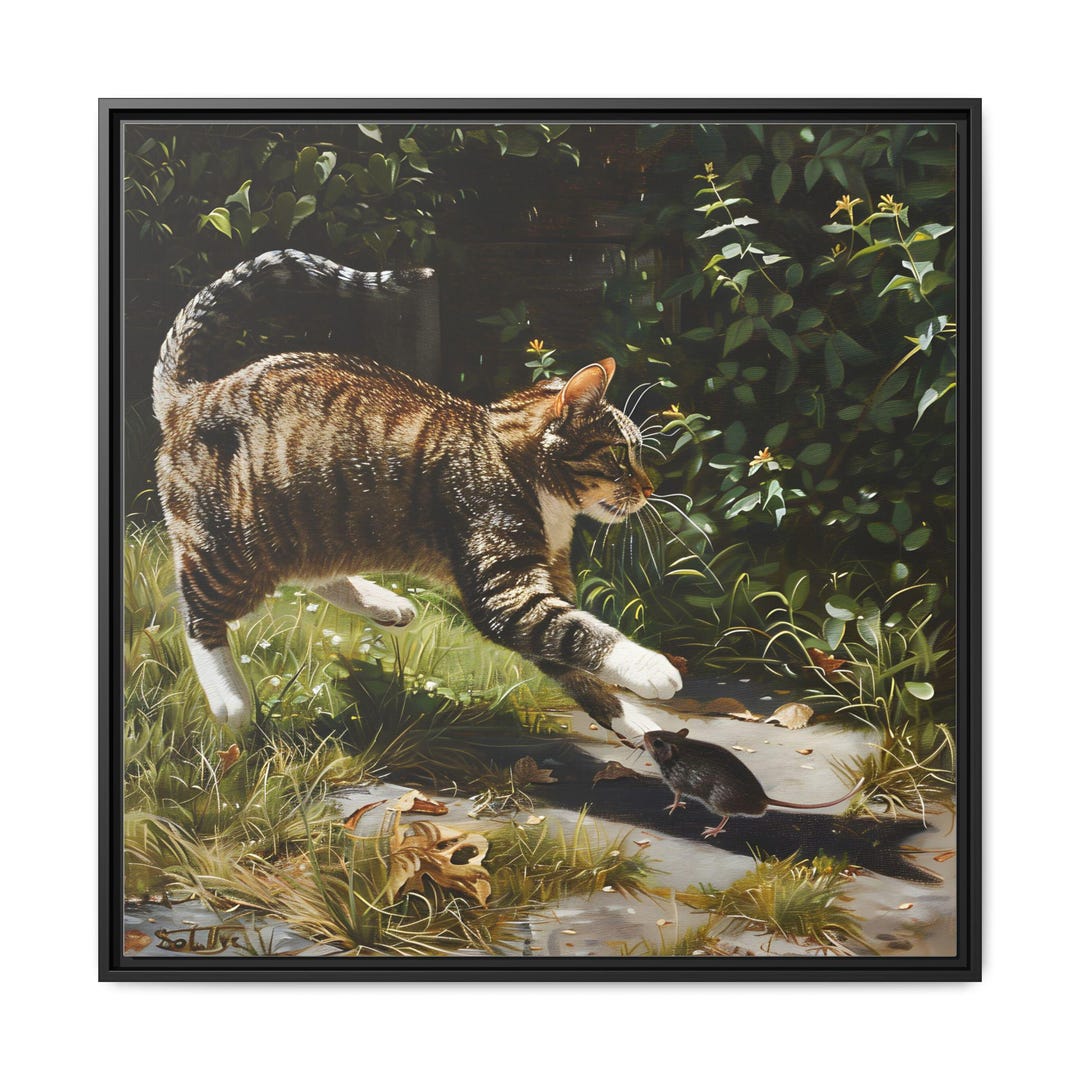 Young Cat Chasing a Mouse on Backyard Oil Painting on Canvas Wall Decor ...