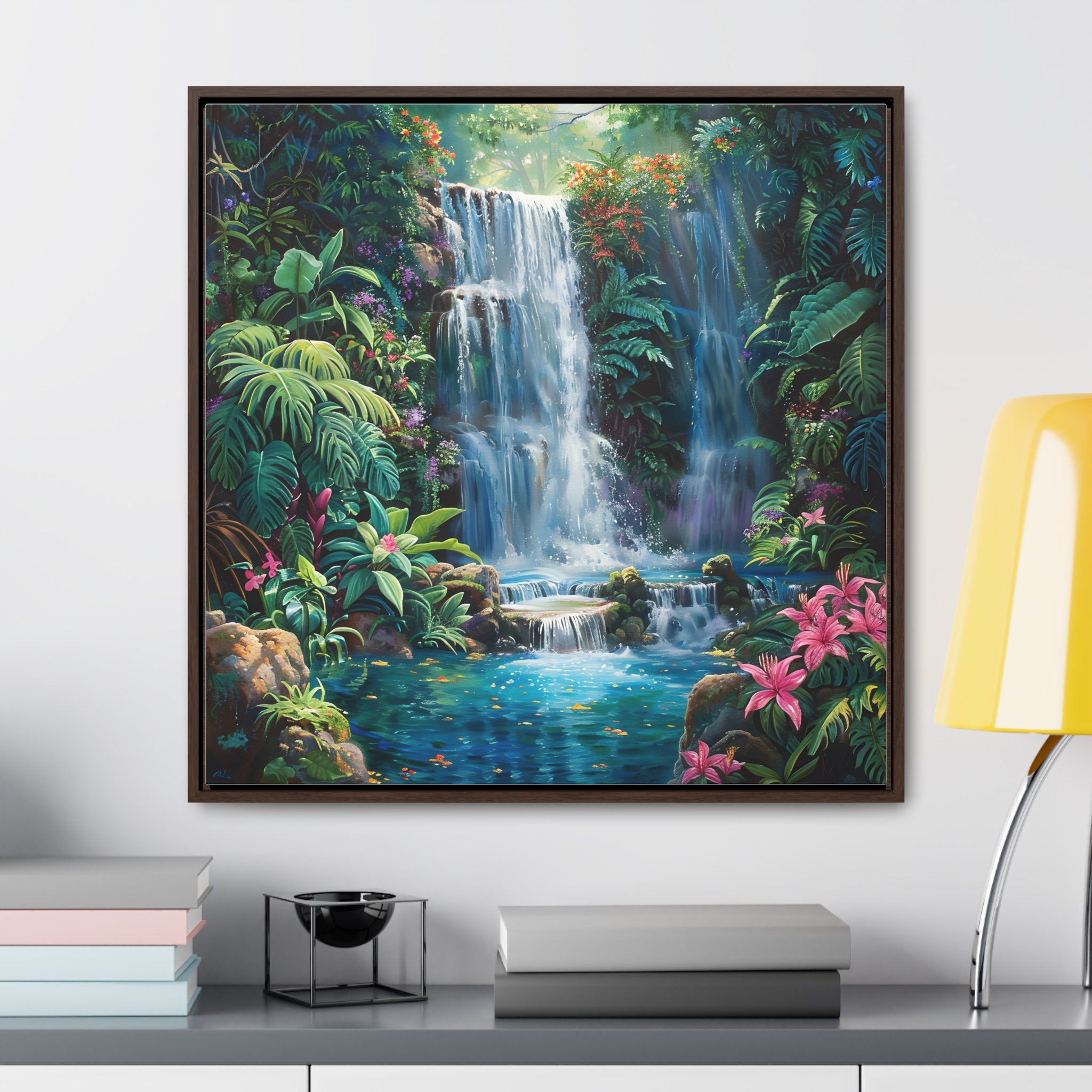 Beautiful Tropical Blue Waterfall Surrounded Flowers Oil Painting on ...