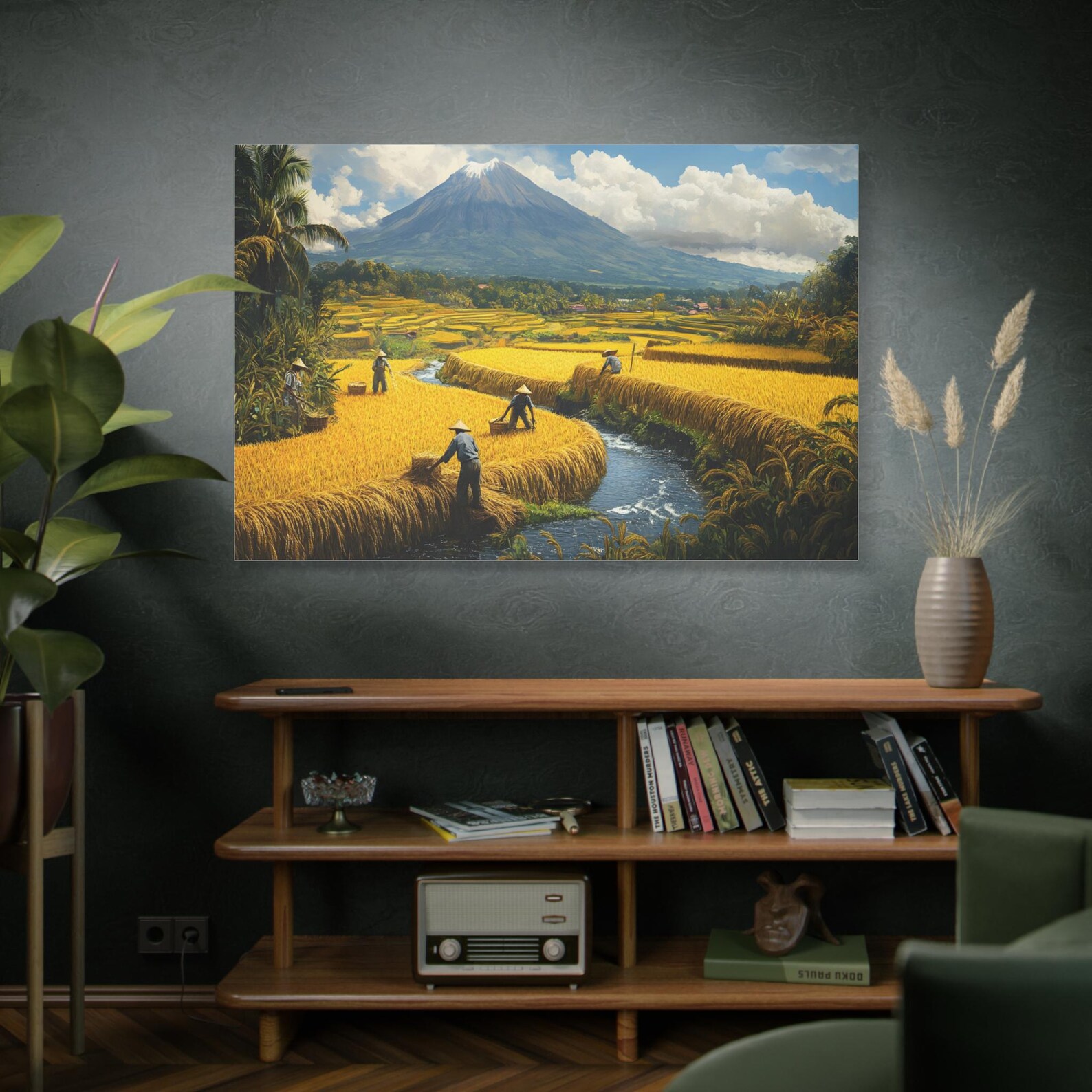 Canvas Wall Art Print, Farmers Harvesting on Yellow Rice Fields Oil ...