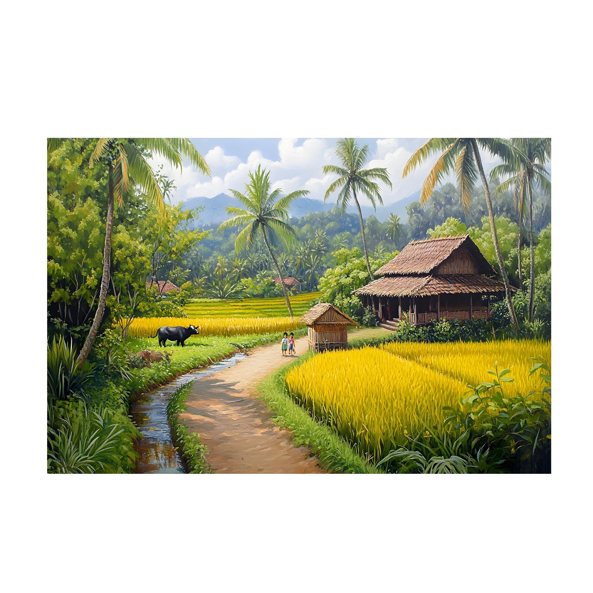 Stunning Yellow Rice Field and Bali Village Oil Painting on Canvas Wall ...