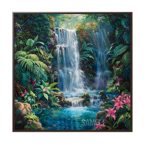 Beautiful Tropical Blue Waterfall Surrounded Flowers Oil Painting on ...