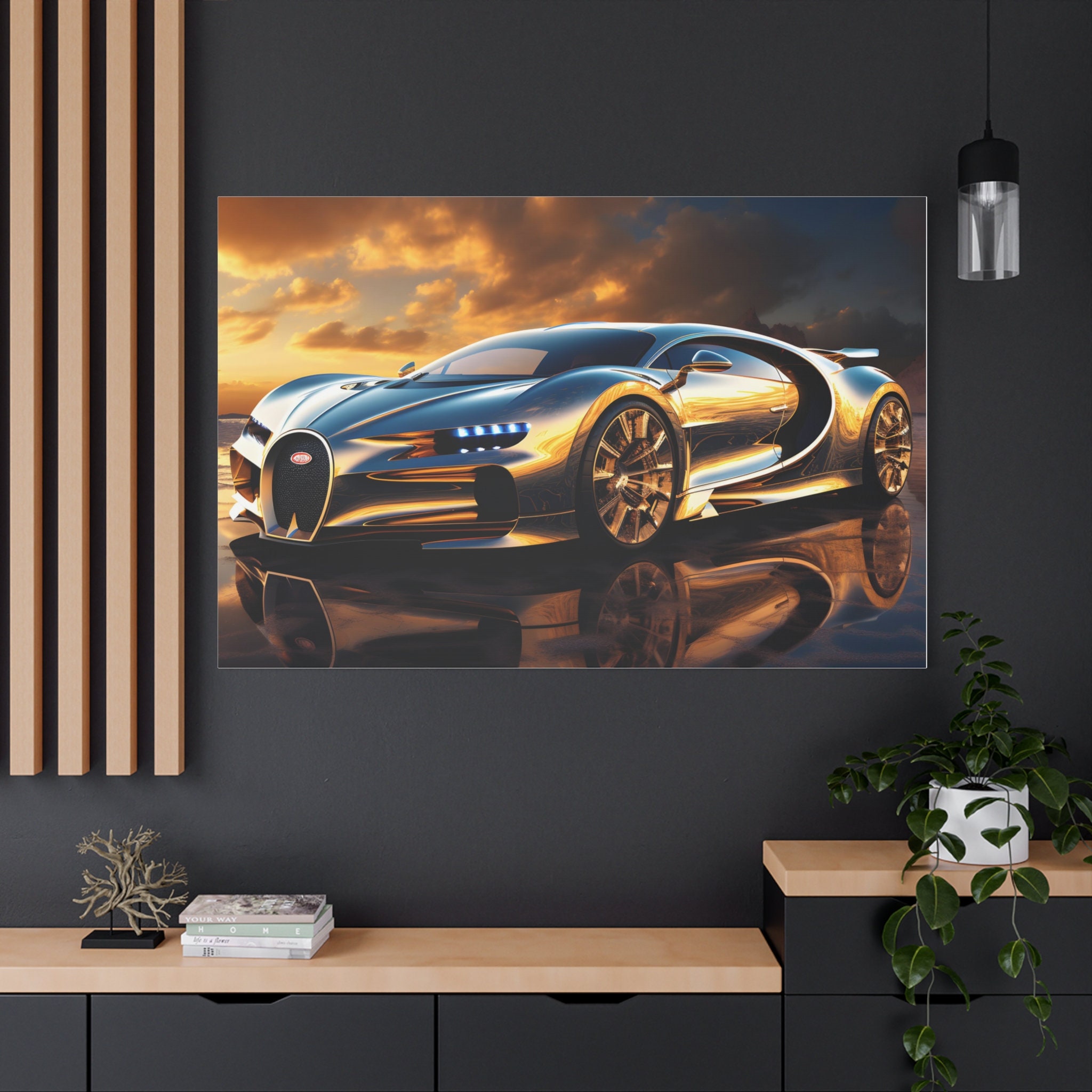 Gold Bugatti Chiron on the Road and Sunset on Classic Canvas. Cool ...
