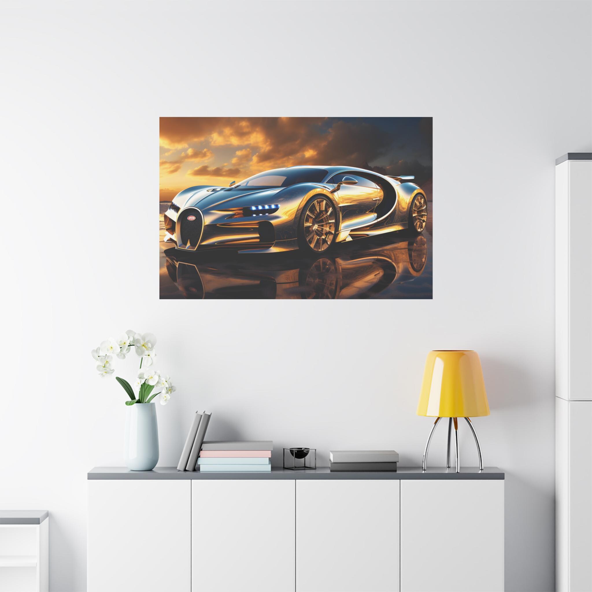 Gold Bugatti Chiron on the Road and Sunset on Classic Canvas. Cool ...
