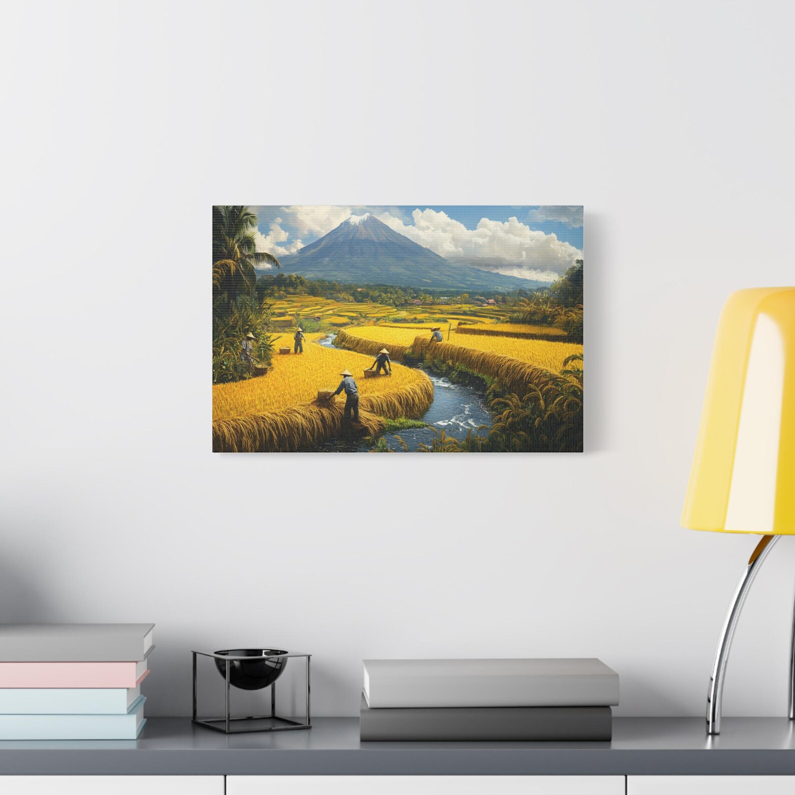 Canvas Wall Art Print, Farmers Harvesting on Yellow Rice Fields Oil ...