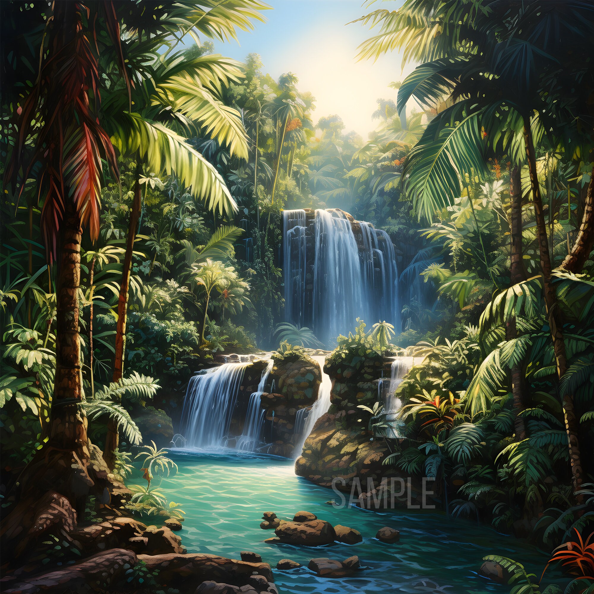 Beautiful Big Waterfall on the Forest Oil Painting on Classic Canvas ...