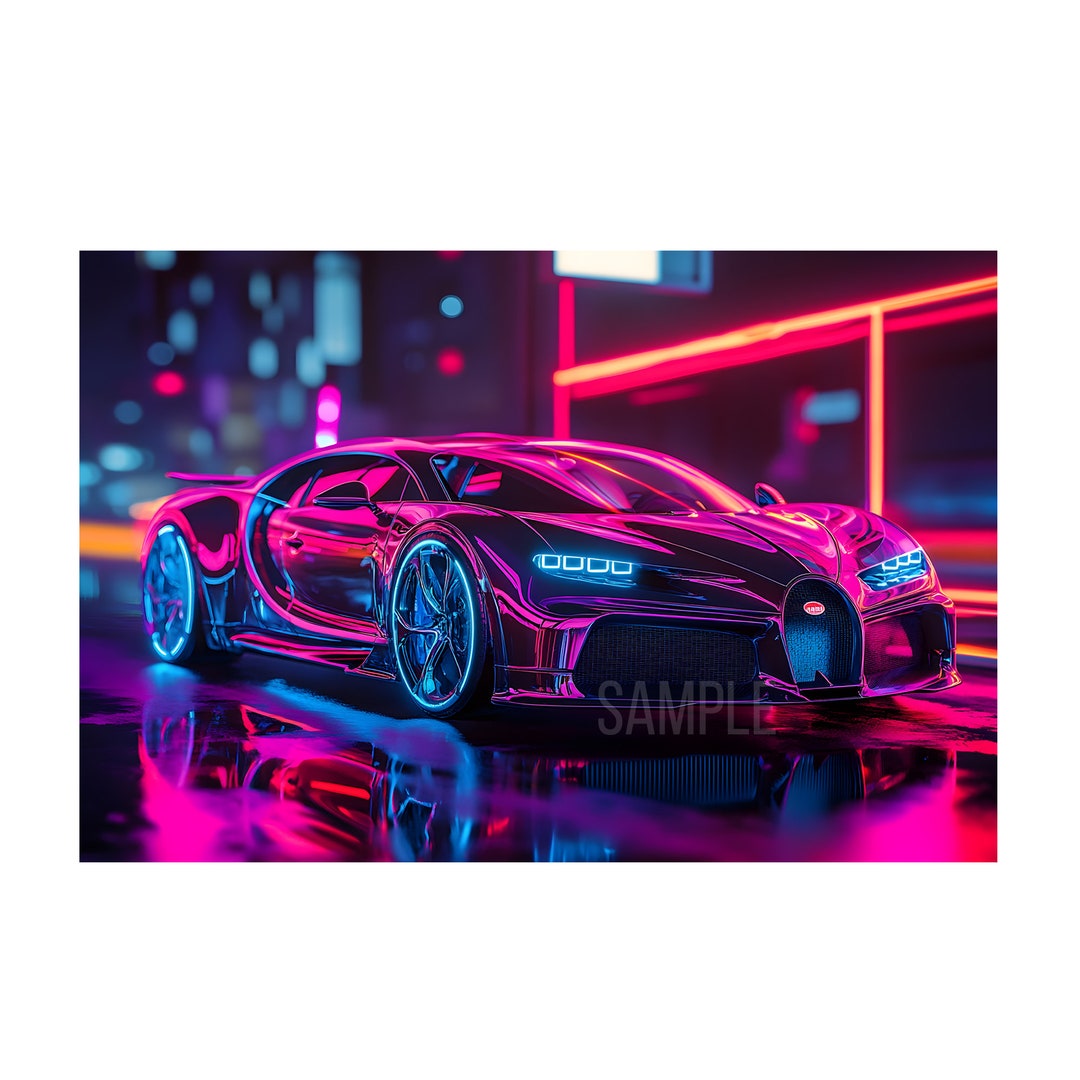 Amazing Red Neon Bugatti Chiron Supercar on the Street on Canvas Wall ...