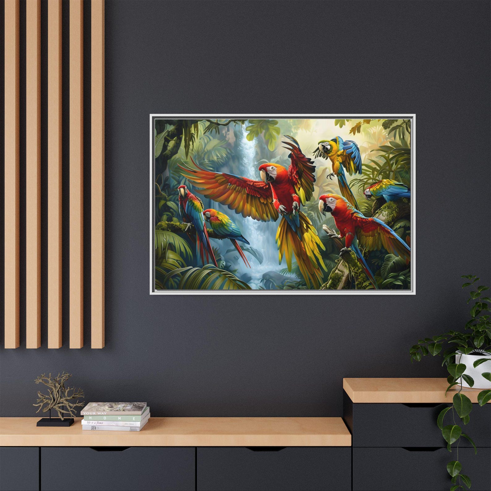 A Red Parrot Flaps Its Wings to Land on a Branch in the Waterfall Zone ...