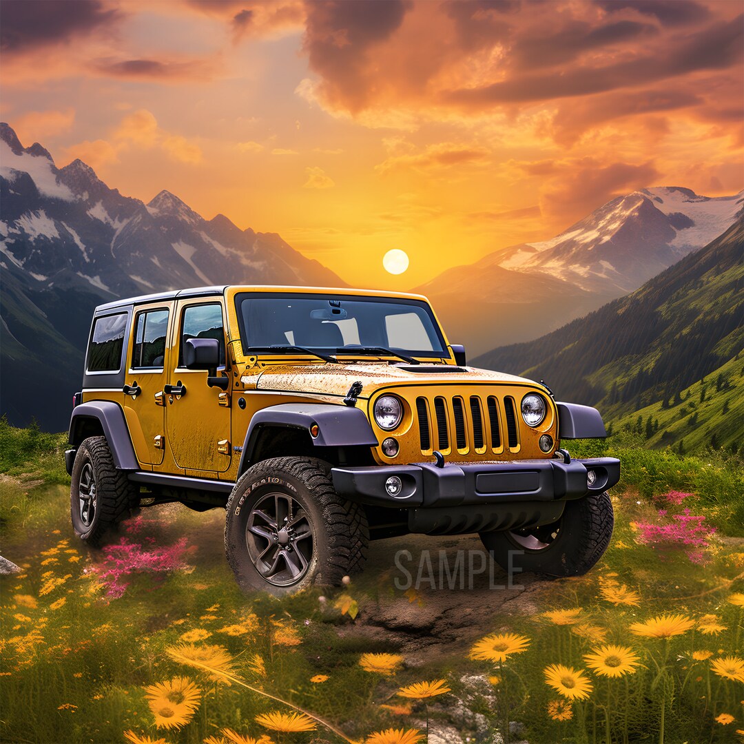 Jeep Wrangler on the Flower Field on the Mountain With Sunset on ...