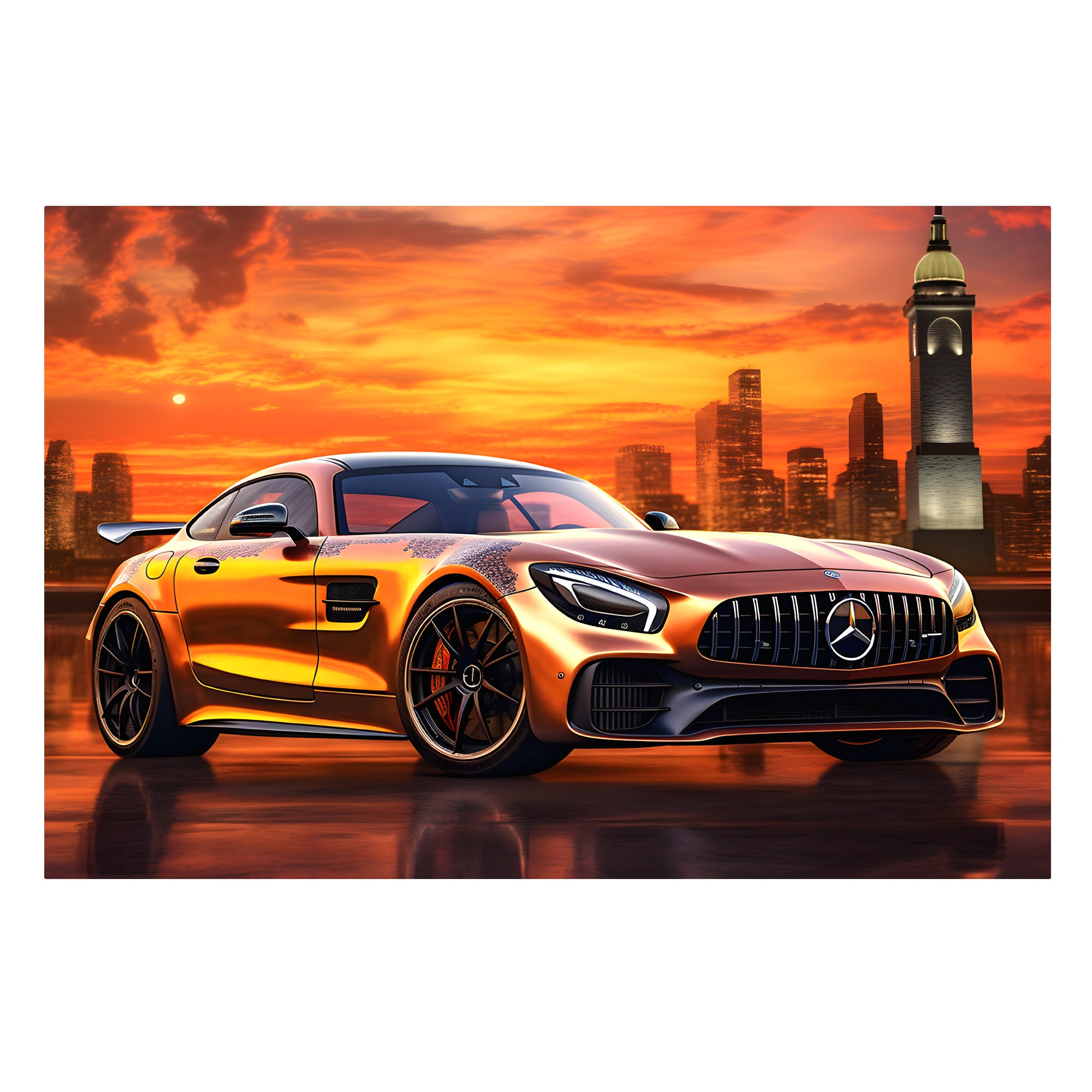 Orange Mercedes AMG Gt R on City Wih Sunset on Digital Download Wall ...