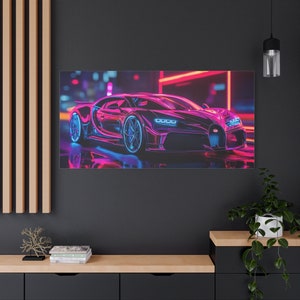 Amazing Red Neon Bugatti Chiron Supercar on the Street on Canvas Wall ...