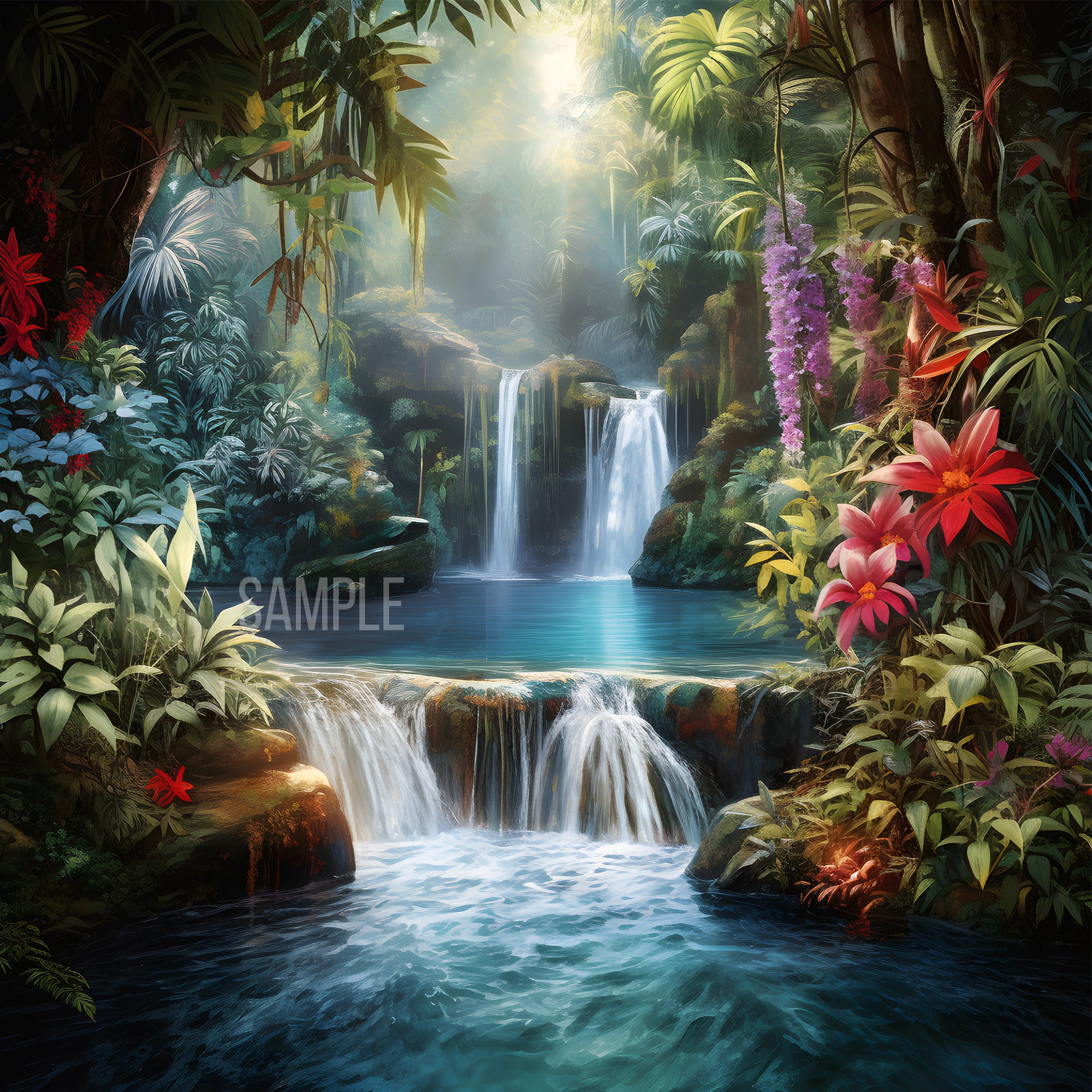 Beautiful Tropical Blue Waterfall With Flower on the Forest on Canvas ...