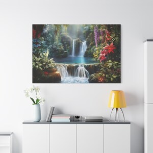 Beautiful Tropical Blue Waterfall With Flower on the Forest on Canvas ...