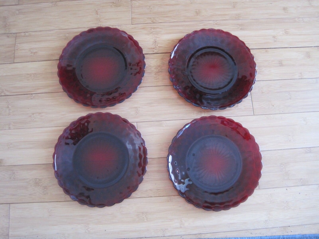 4 Vintage Anchor Hocking Royal Ruby Red Bubble Glass Dinner Plates 9.5 ...