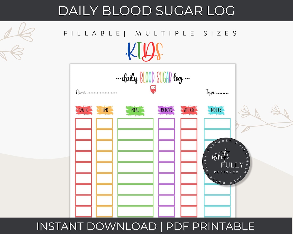 Daily Blood Sugar Log for Kids | Children’s Diabetes Tracker | Kids ...