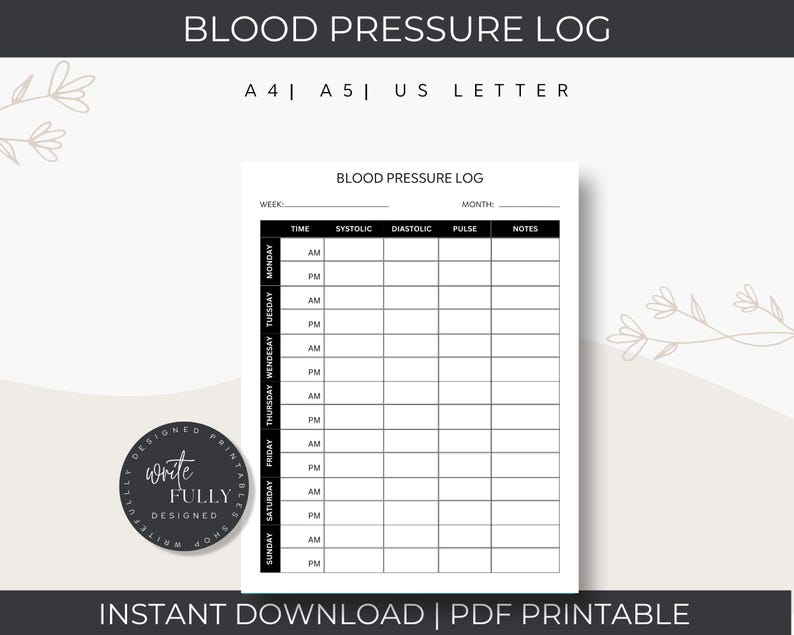 Blood Pressure Log Healthcare Tracker | Daily Blood Pressure ...
