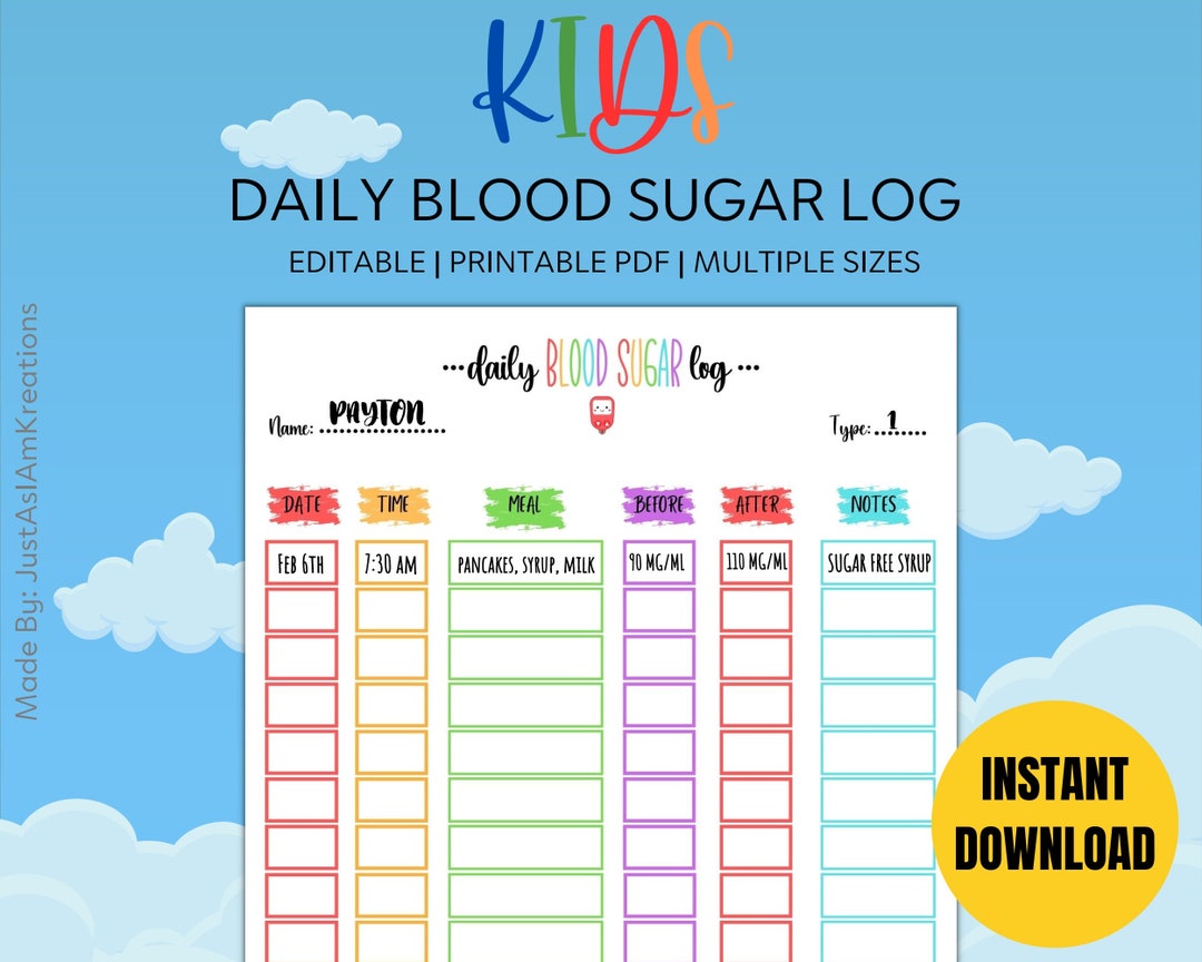 Daily Blood Sugar Log for Kids Childrens Diabetes Tracker Kids Diabetes ...