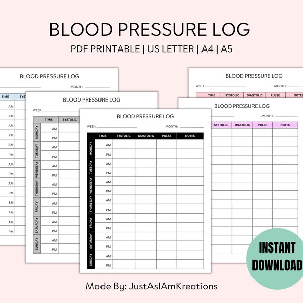 Blood Pressure Log Healthcare Tracker Daily Blood Pressure Printable ...