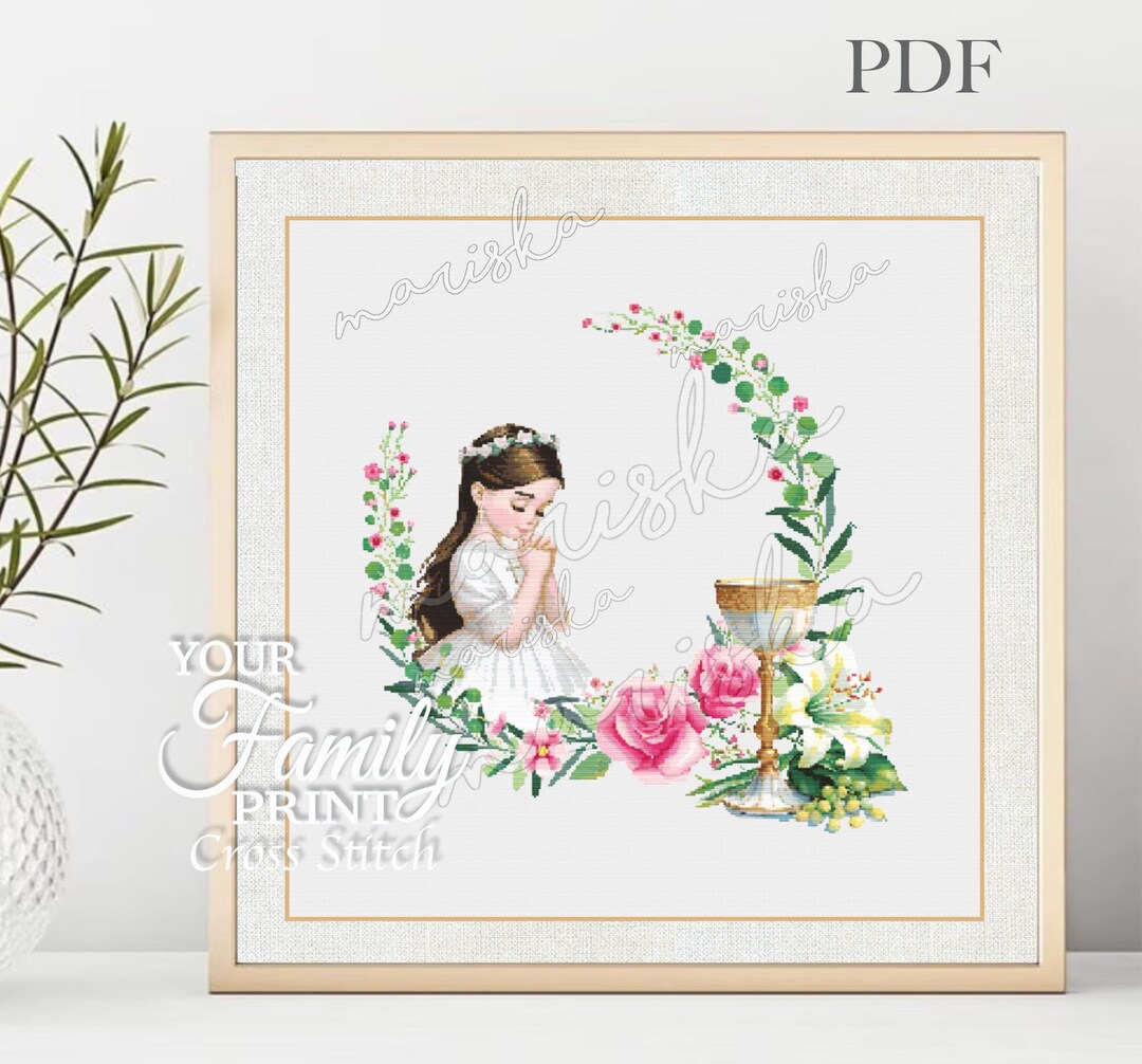 First Holy Communion Cross Stitch Pattern: Girl With Brown Hair (PDF ...