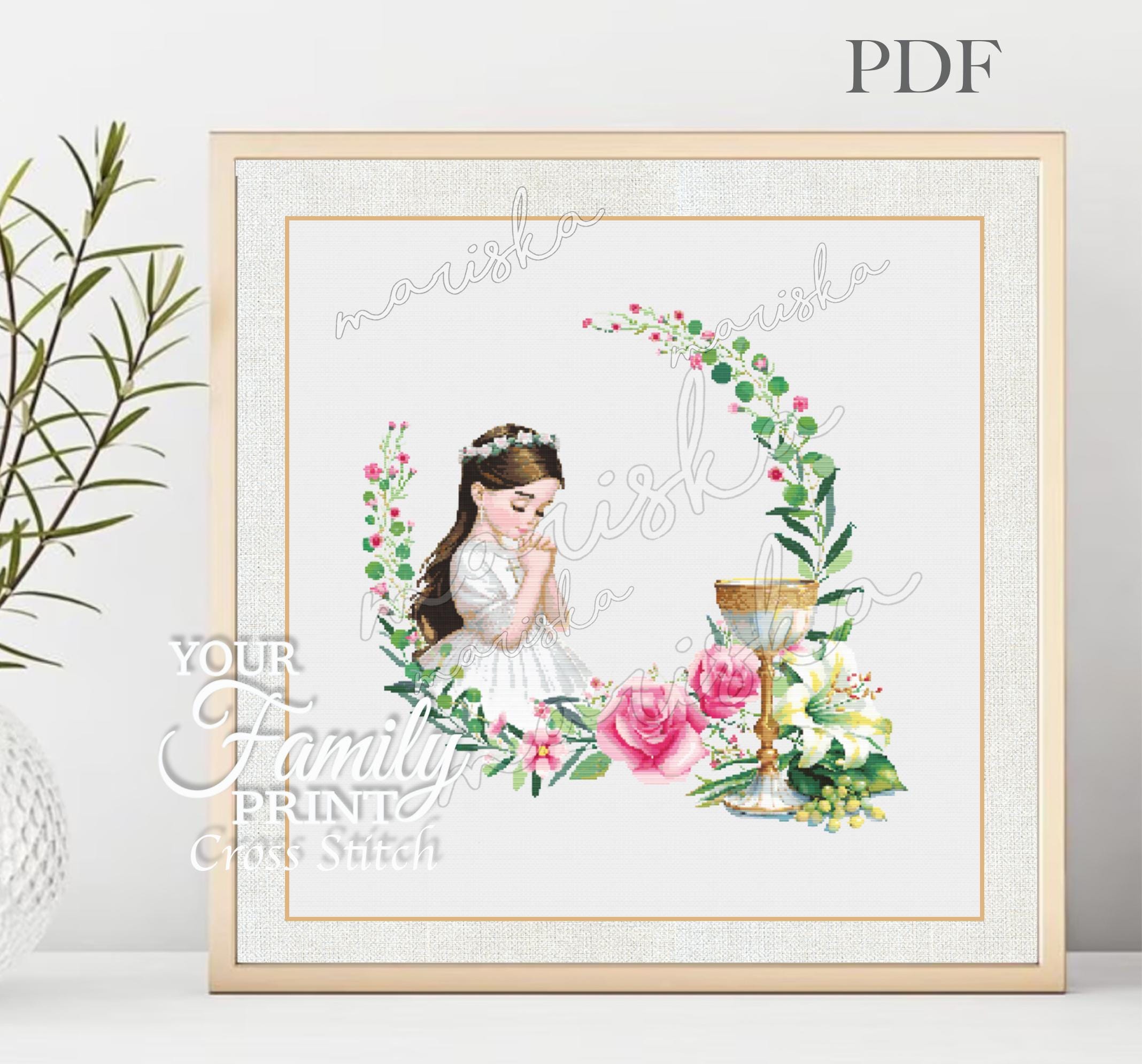 First Holy Communion Cross Stitch Pattern: Girl With Brown Hair (PDF ...
