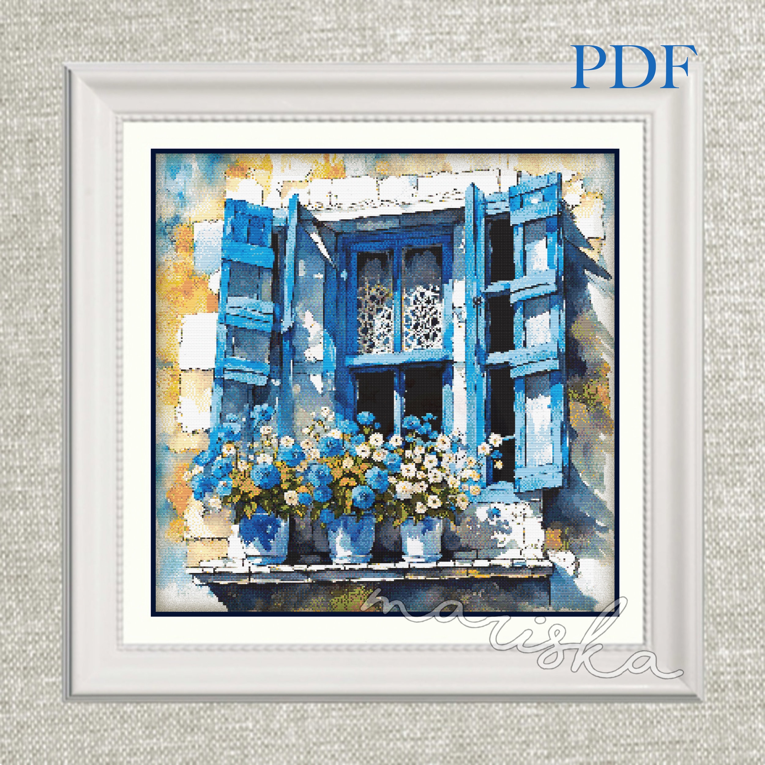 Cross Stitch Pattern PDF Blue Window Cross Stitch Instant Download Love ...
