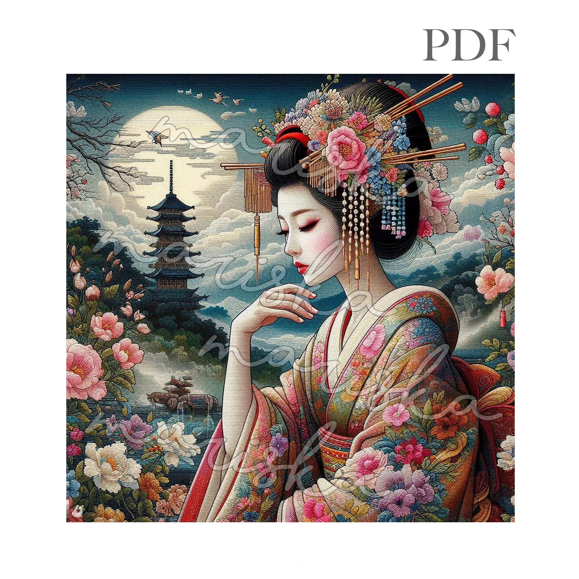 Cross Stitch Pattern PDF Geisha Cross Stitch Instant Download Japanese Cross Stitch Cross Stitch ...