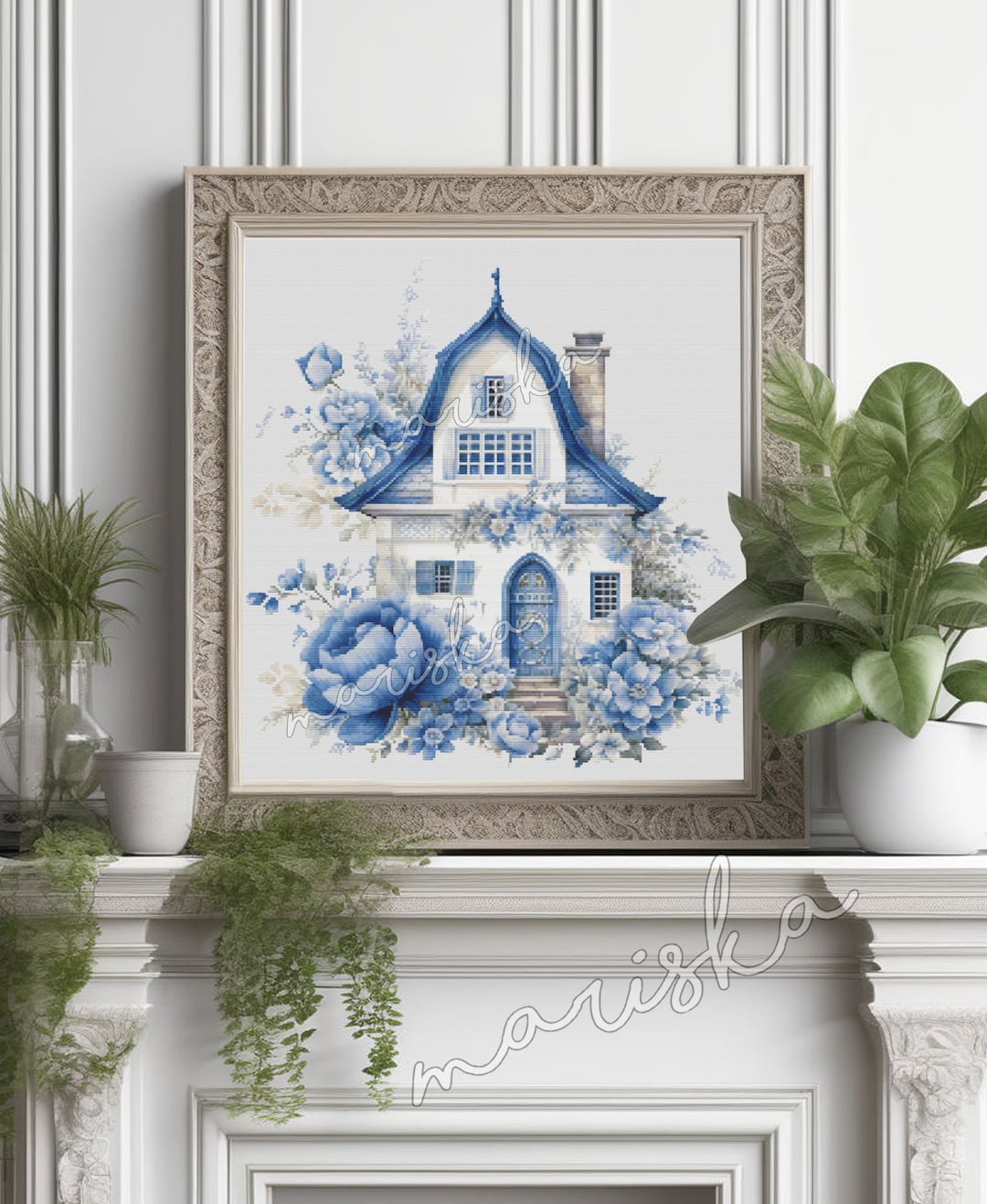 Blue Delft House Cross Stitch Pattern: Folk Art Floral (PDF Pattern) - Etsy