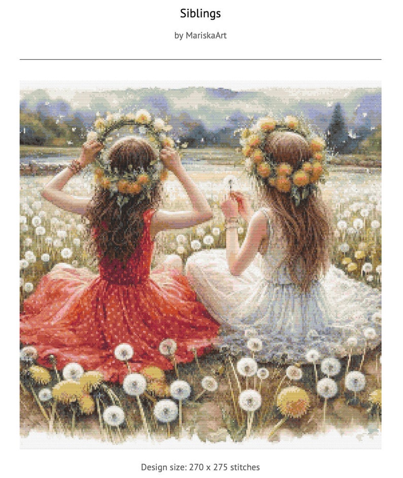 Cross Stitch Pattern Siblings PDF Fairy Girls Full Coverage Dandelions ...