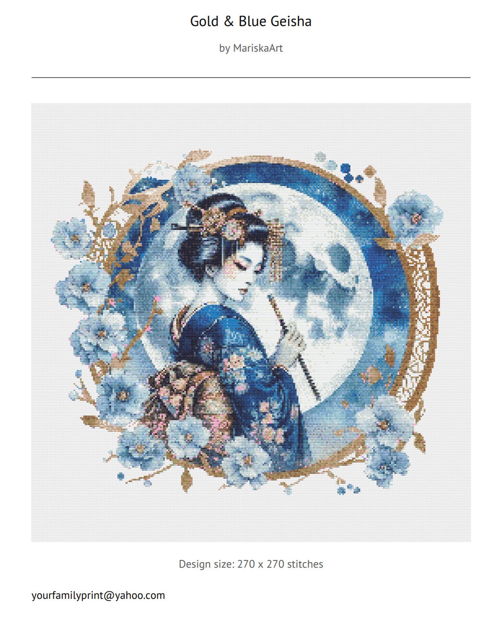 Cross Stitch Pattern PDF Geisha Blue Gold Cross Stitch Instant Download ...