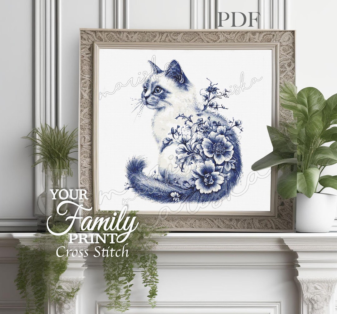 Blue Delft Cat Cross Stitch Pattern, Floral Embroidery (PDF Pattern) - Etsy
