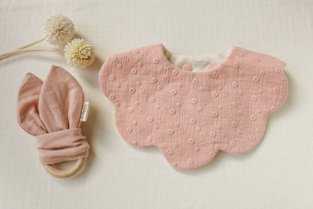 Pink Embroidery Scalloped Bib, New Baby Gift, Dribble Bibs for Toddlers ...